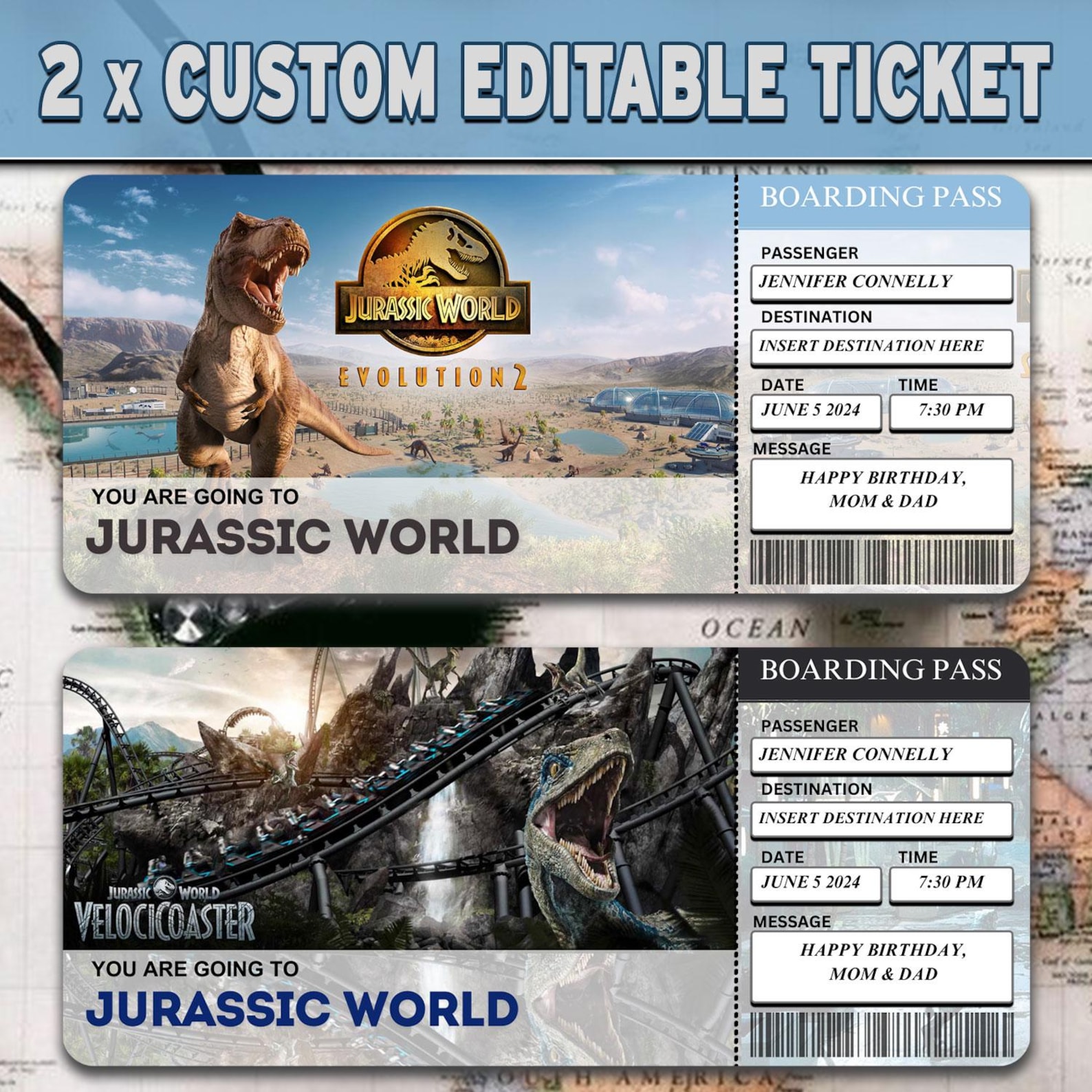 Digital JURASSIC WORLD Surprise Universal Studios Trip Tickets Editable Vacation Ticket, Trip ...