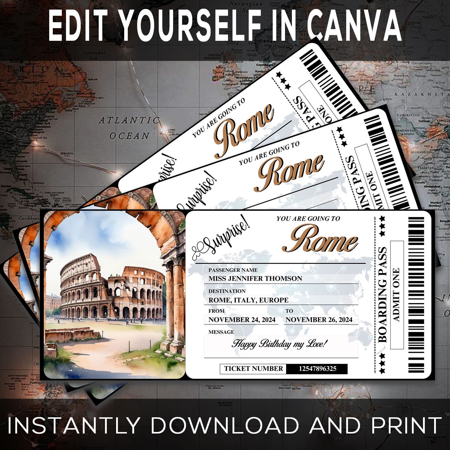 Printable Editable ROME Surprise BOARDING Pass TICKET, Trip Ticket to ...
