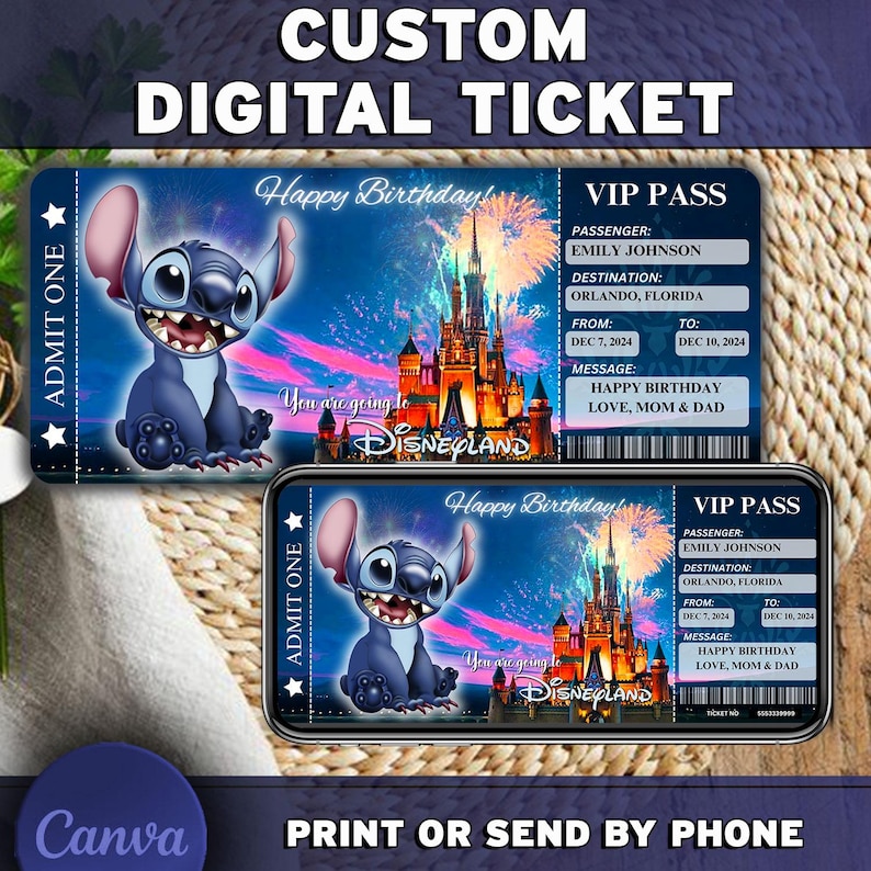 Editable Stitch Disneyworld Disneyland Surprise Ticket, Stitch Ticket ...