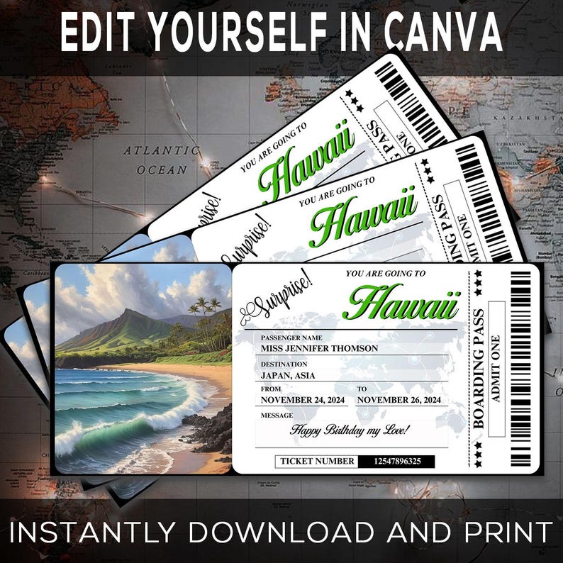 Hawaii Surprise Trip Ticket – Editable Travel Boarding Pass (digital ...