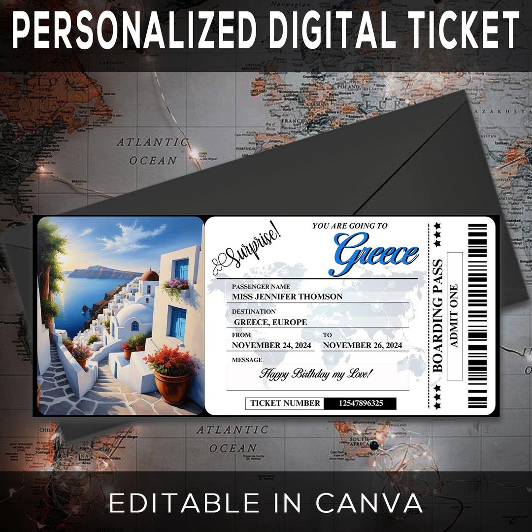 Editable GREECE Surprise BOARDING Pass TICKET, Trip Ticket to Greece ...