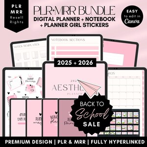 PLR Digital Planner Resell Bundle: 2025 2026, Notebook, Stickers. Pink ...