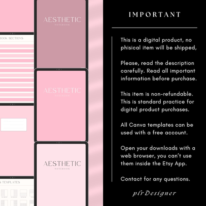 PLR Digital Notebook Aesthetic Design, Premium Pastel Pink Canva ...