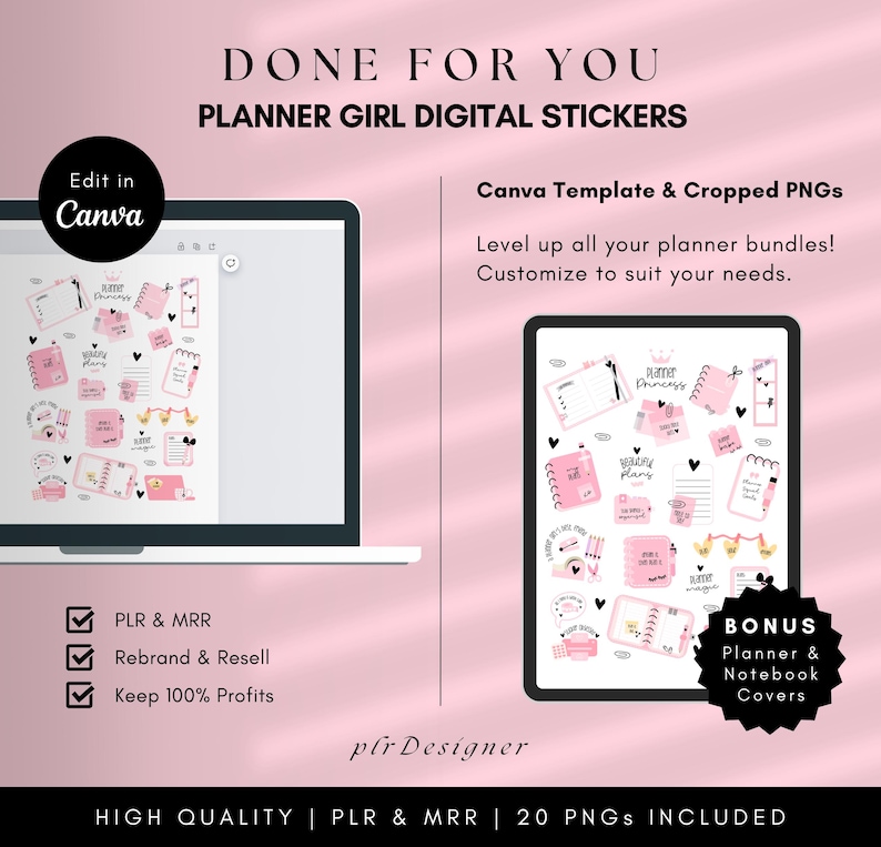 PLR Digital Planner Resell Bundle: 2025 2026, Notebook, Stickers. Pink ...