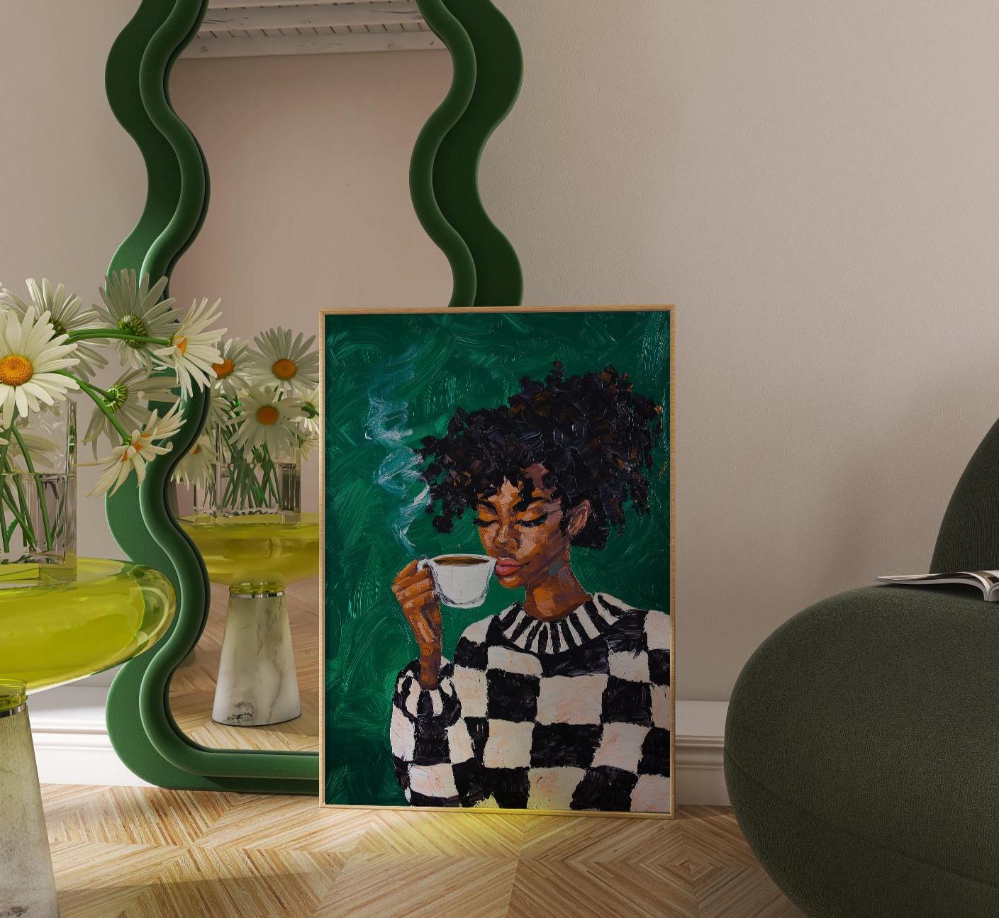 Emerald Green Black Woman Wall Print, Coffee Lover Art, Modern Abstract ...
