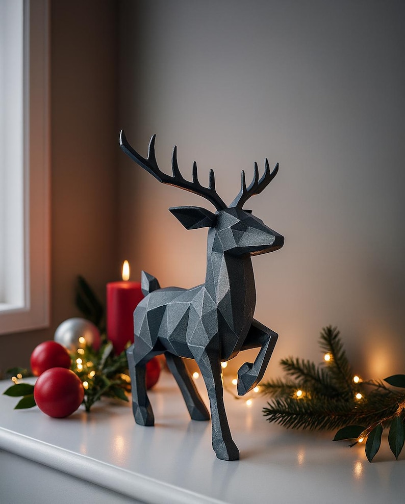Low Poly Reindeer Christmas Decor – Modern 3D Printed Deer Sculpture ...