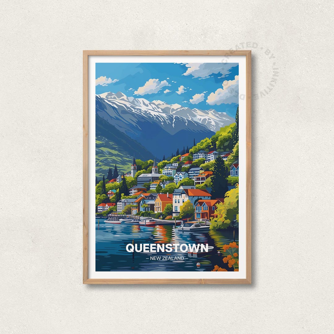 Queenstown Poster New Zealand Artwork, Nature Landscape Print, Travel ...