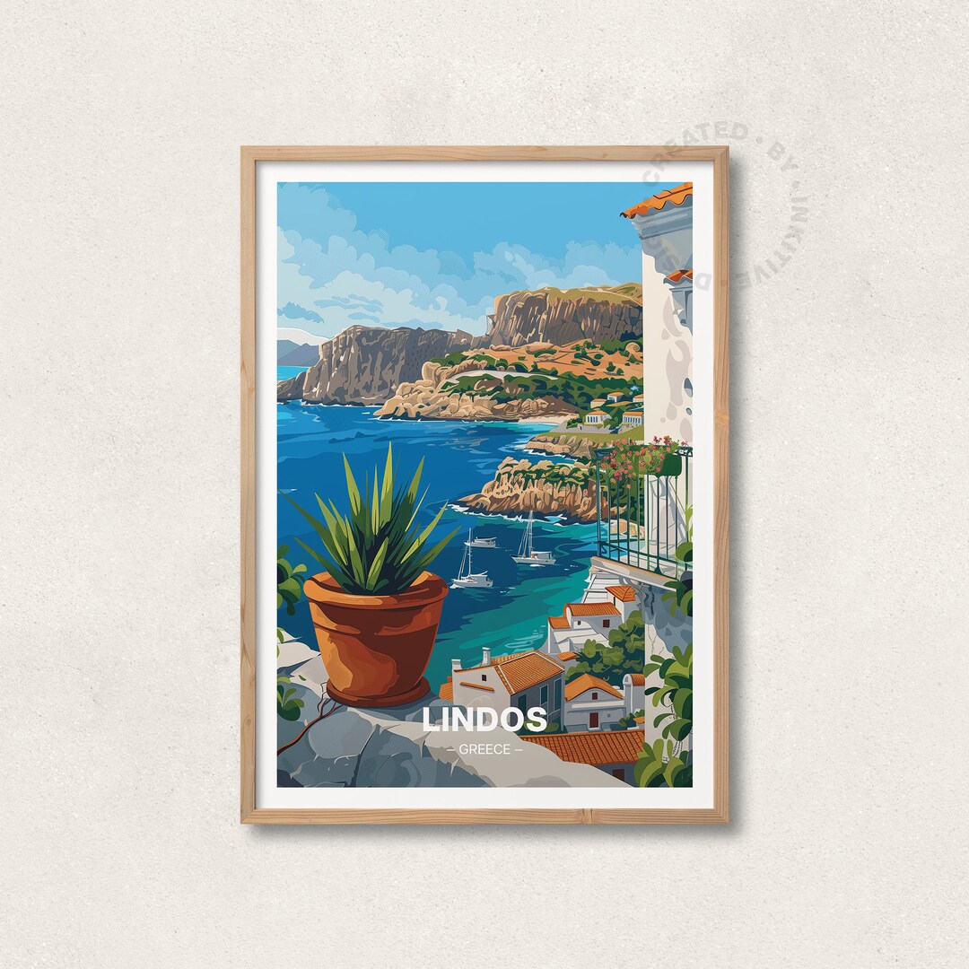 Lindos Poster Lindos Cityscape Print, Greece Landscape Artwork, Travel ...