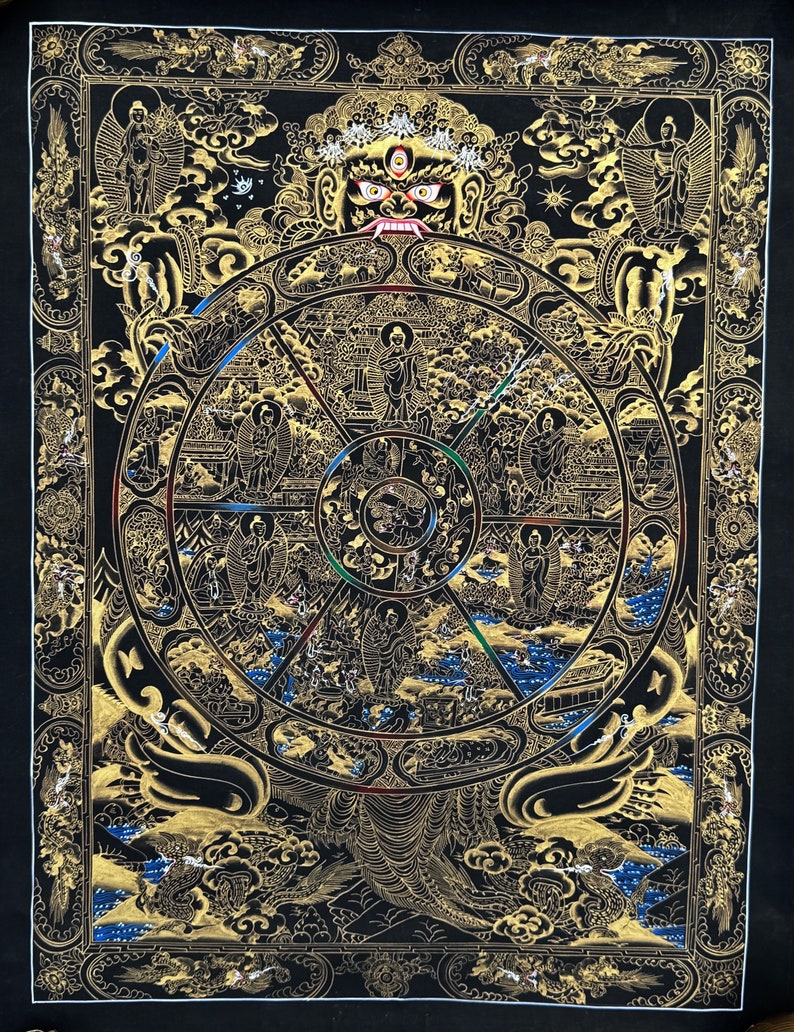 Black and Gold Wheel of Life Thangka Painting - Etsy