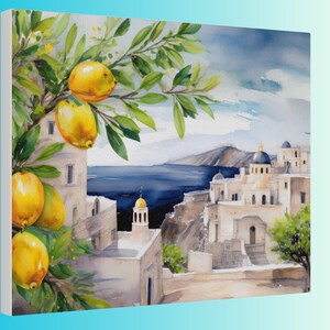 Santorini Lemon Tree Canvas Art, Greece Digital Painting, Mediterranean ...