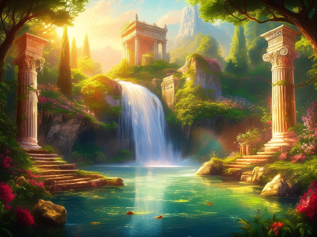 Canvas Print, Ancient Greek Waterfall & Ruins Art, Tranquil Home Decor ...