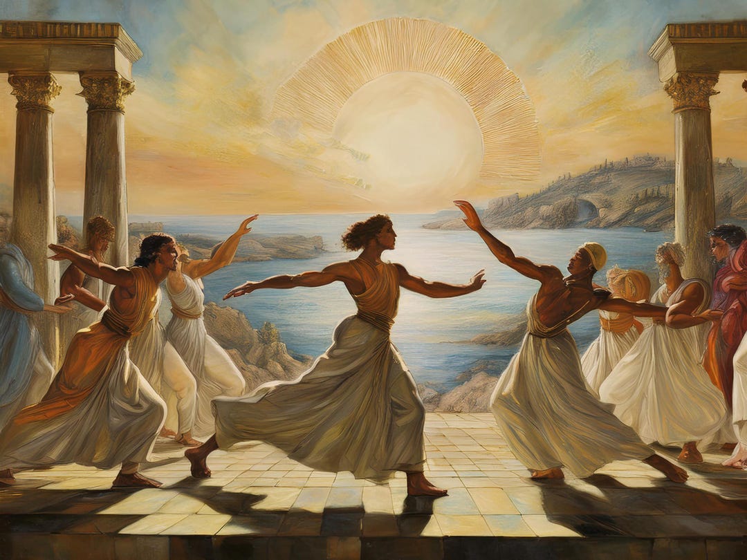 Ancient Greek Sirtaki Dance Canvas Art, Mythological Sunrise Scene ...