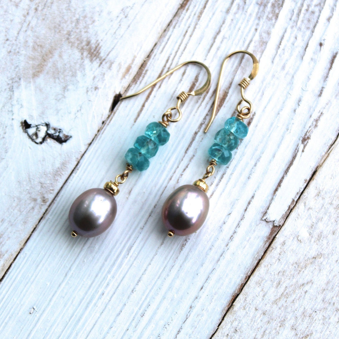 Neon Apatite and Grey Pearl Earring | Etsy