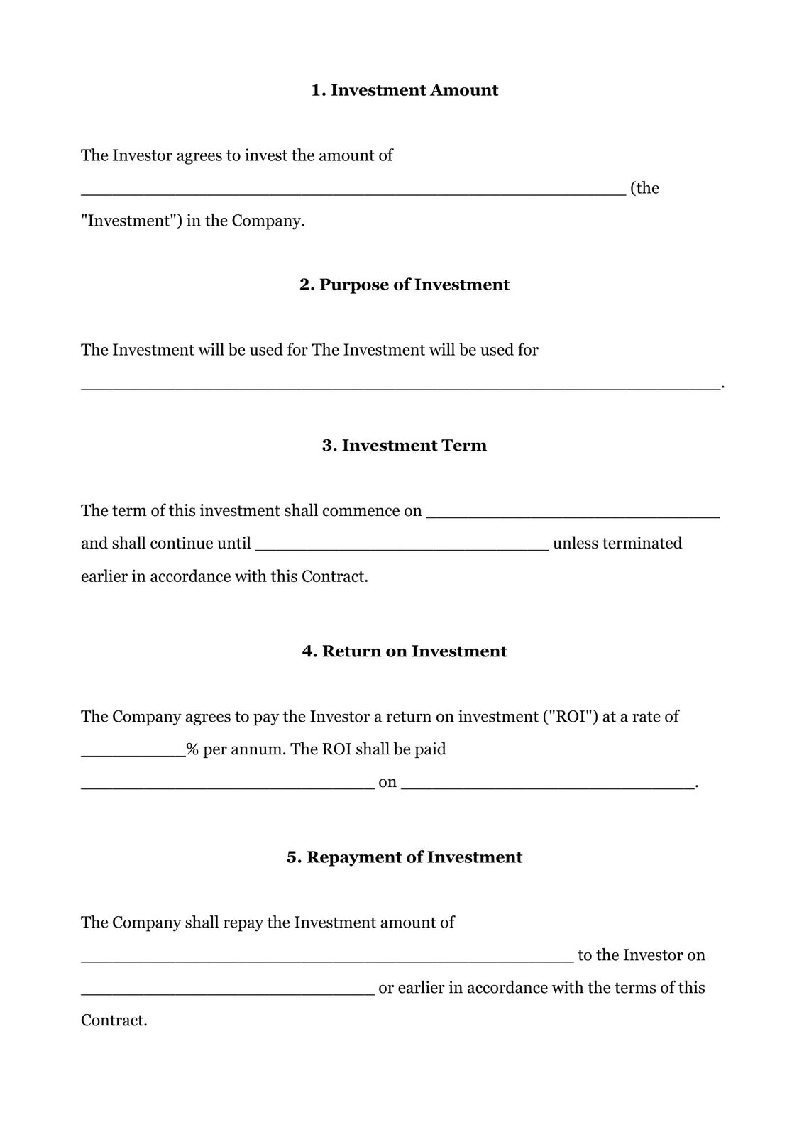 Investment Contract, Financial Investing Agreement Template, Investor ...