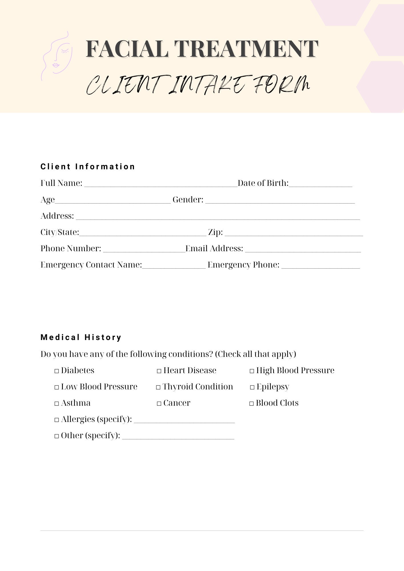 Facial Treatment Forms | Editable Esthetician Templates | Printable ...