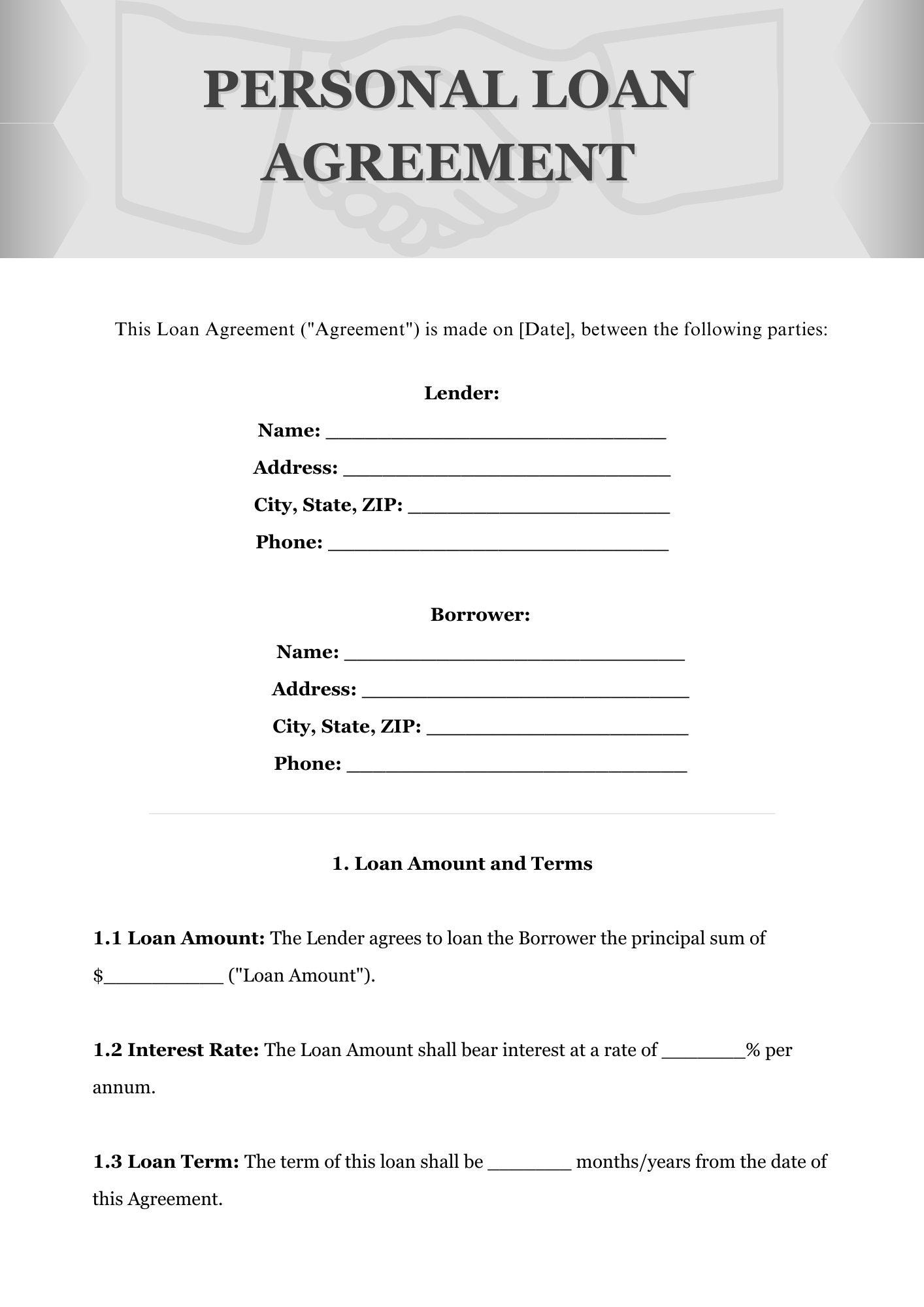 Personal Loan Agreement, Personal Loan Template, Loan Contract, Loan ...