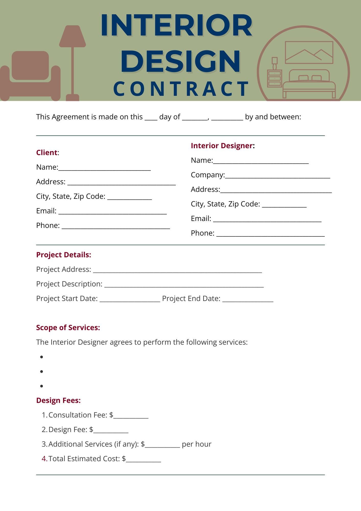 Professional Interior Design Contract Template | Customizable Agreement ...
