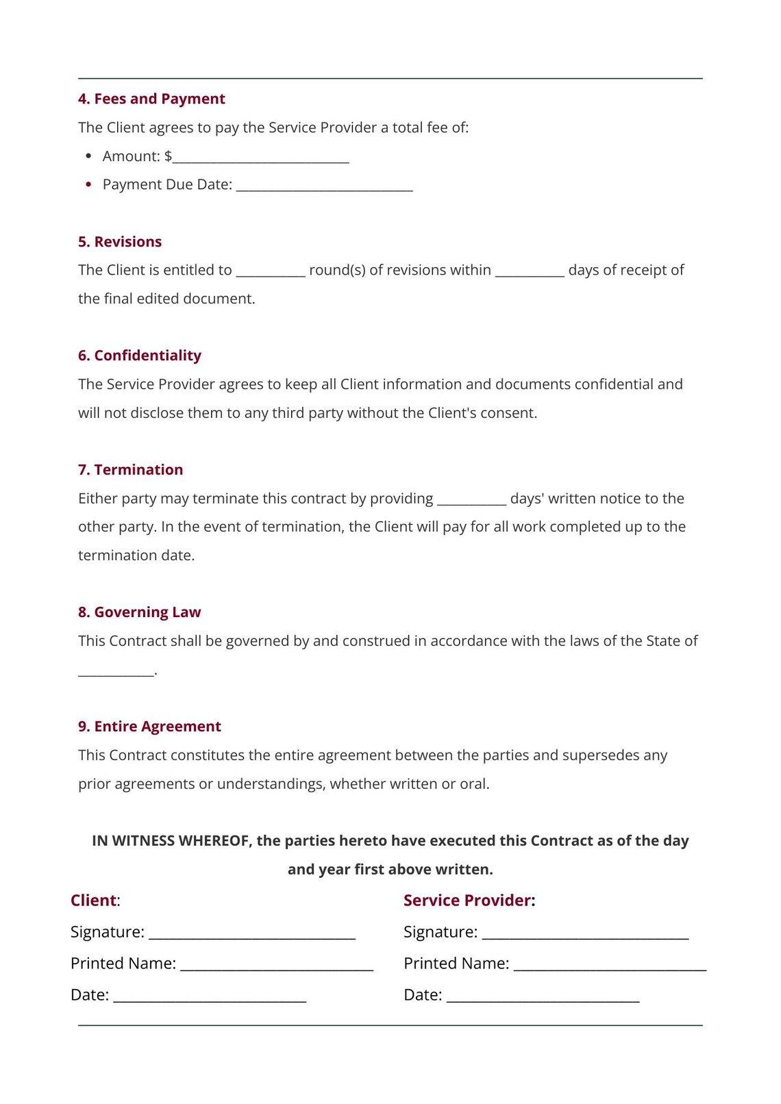 Professional Proofreading and Editing Contract Template Editable PDF ...