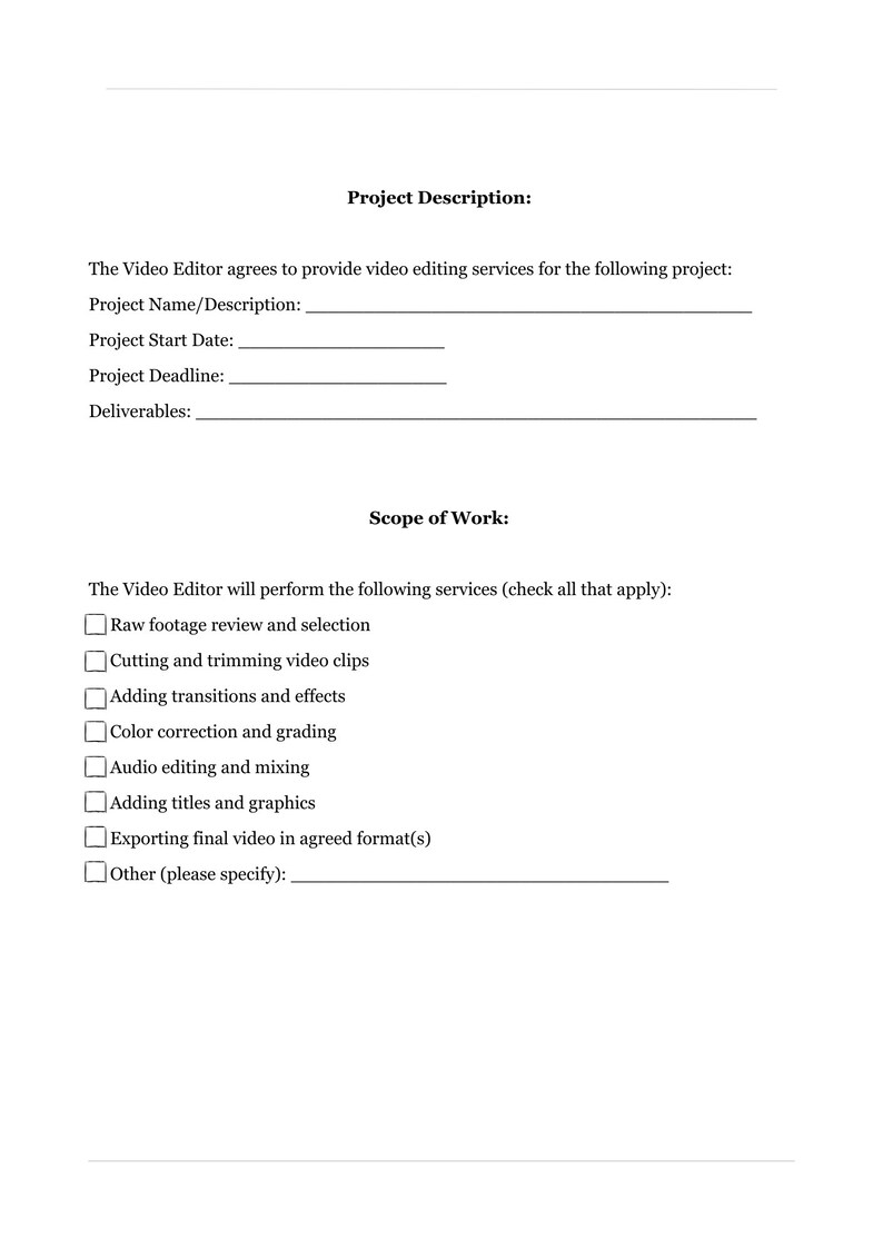 Editable Video Editor Contract Template, Video Editing Service ...