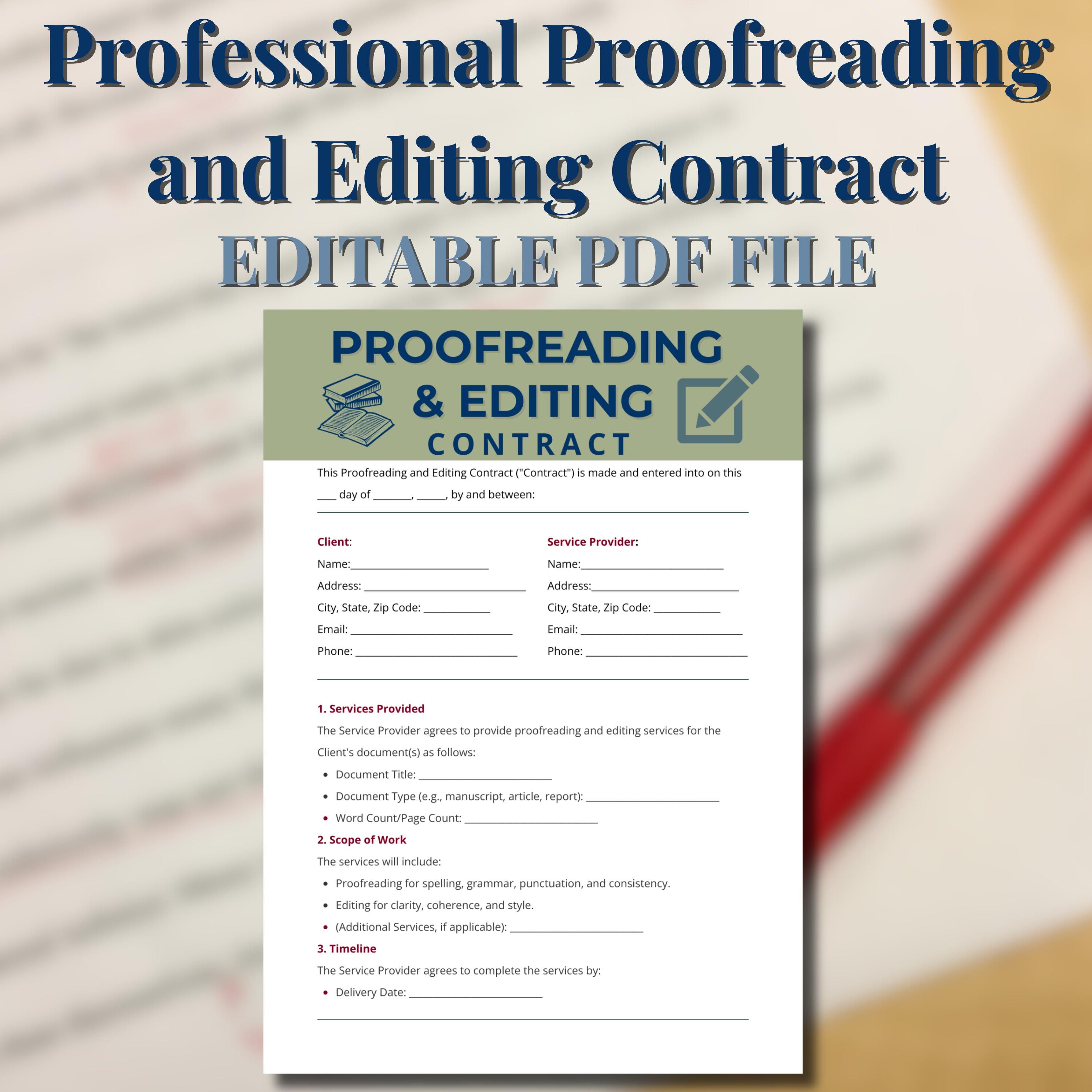 Professional Proofreading and Editing Contract Template Editable PDF for Freelancers Instant ...