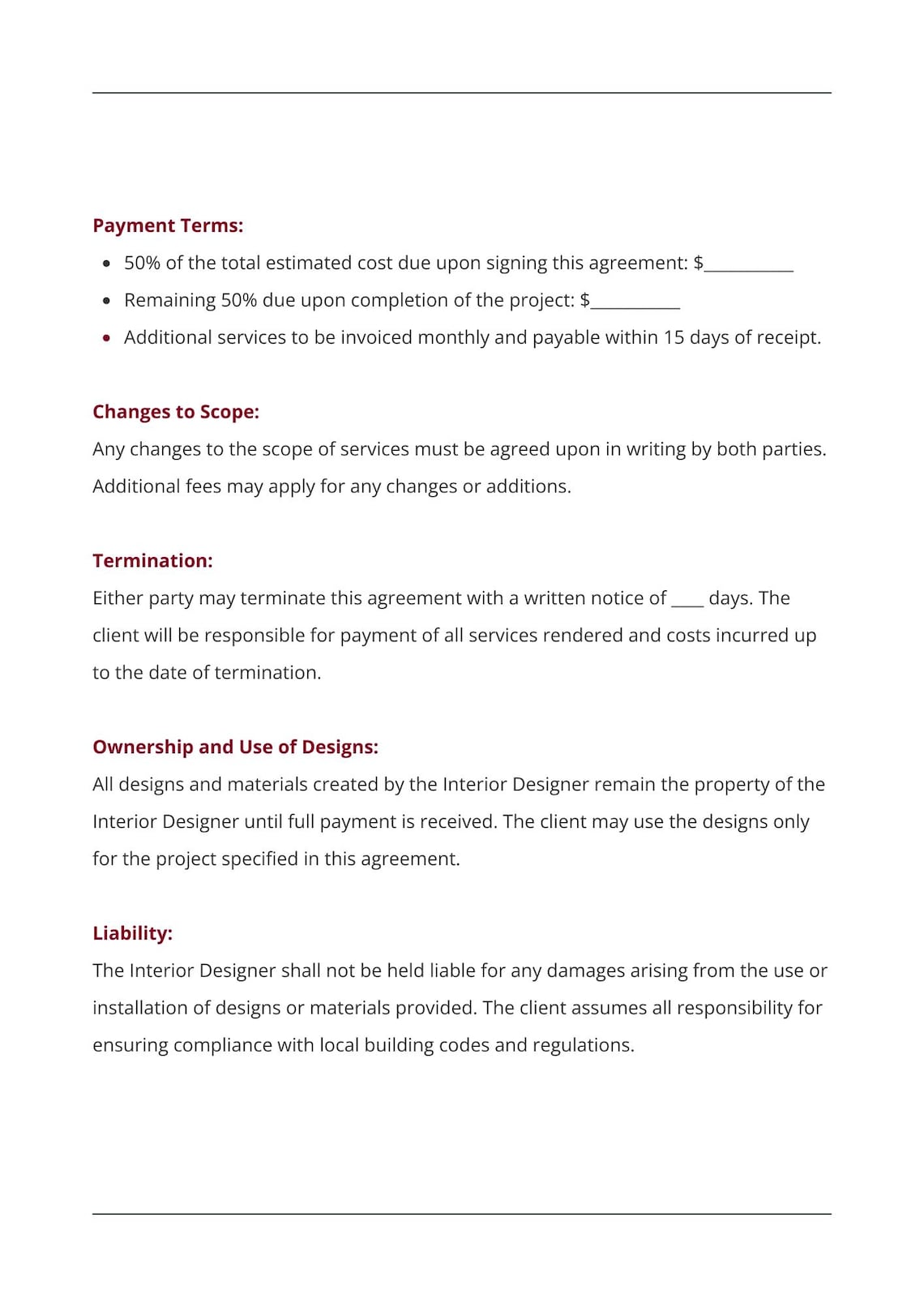 Professional Interior Design Contract Template | Customizable Agreement ...
