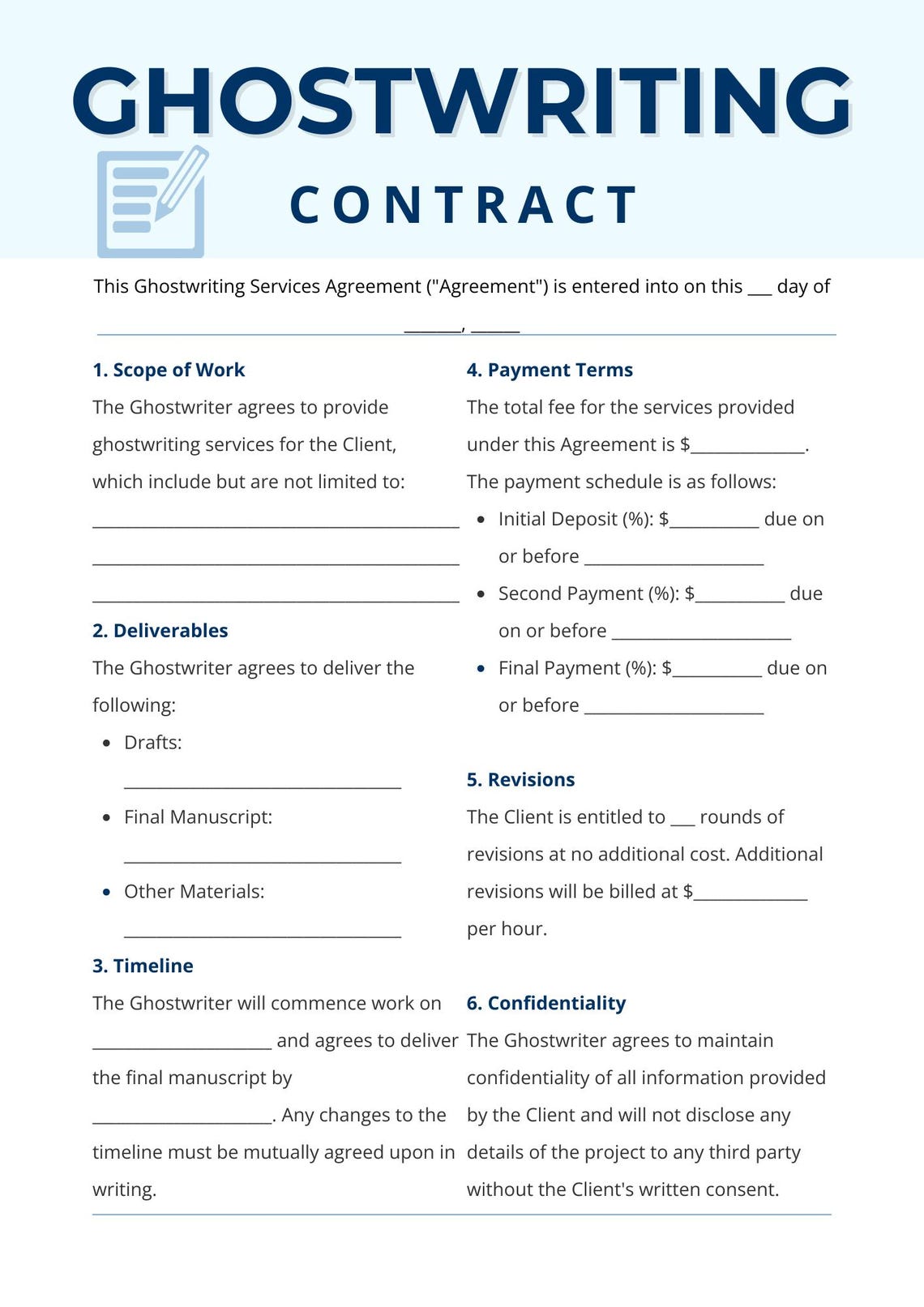 Comprehensive Ghostwriting Contract Template Professional Agreement For Writers And Clients