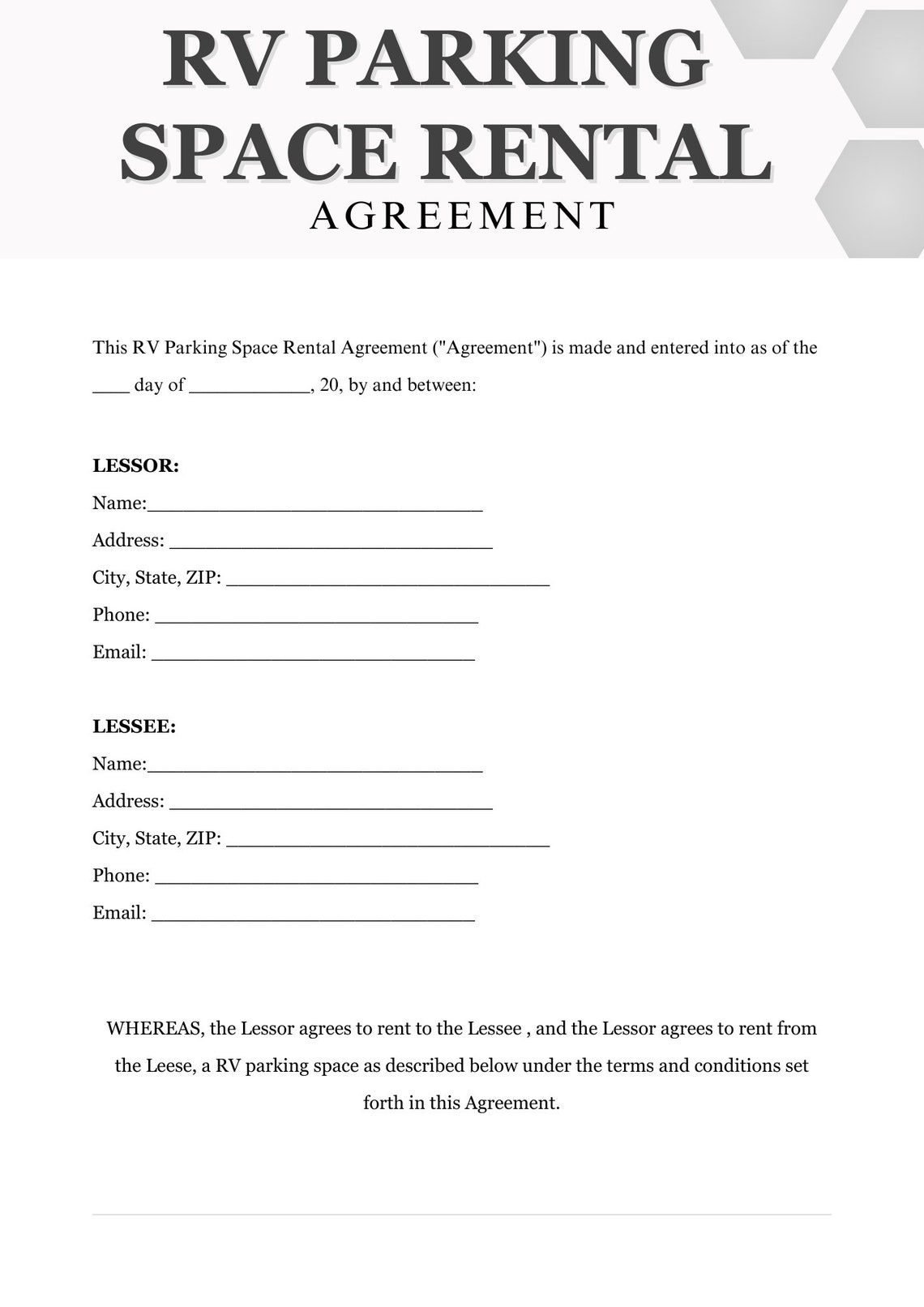RV Parking Space Rental Agreement | RV Lot Rental Agreement | Letter ...