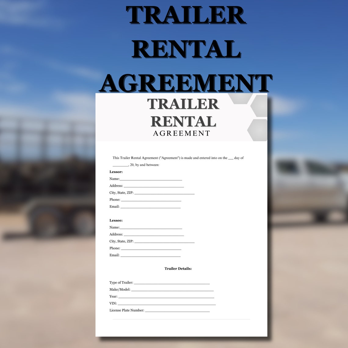 Editable Trailer Rental Agreement Template, Trailer Rental Contract ...
