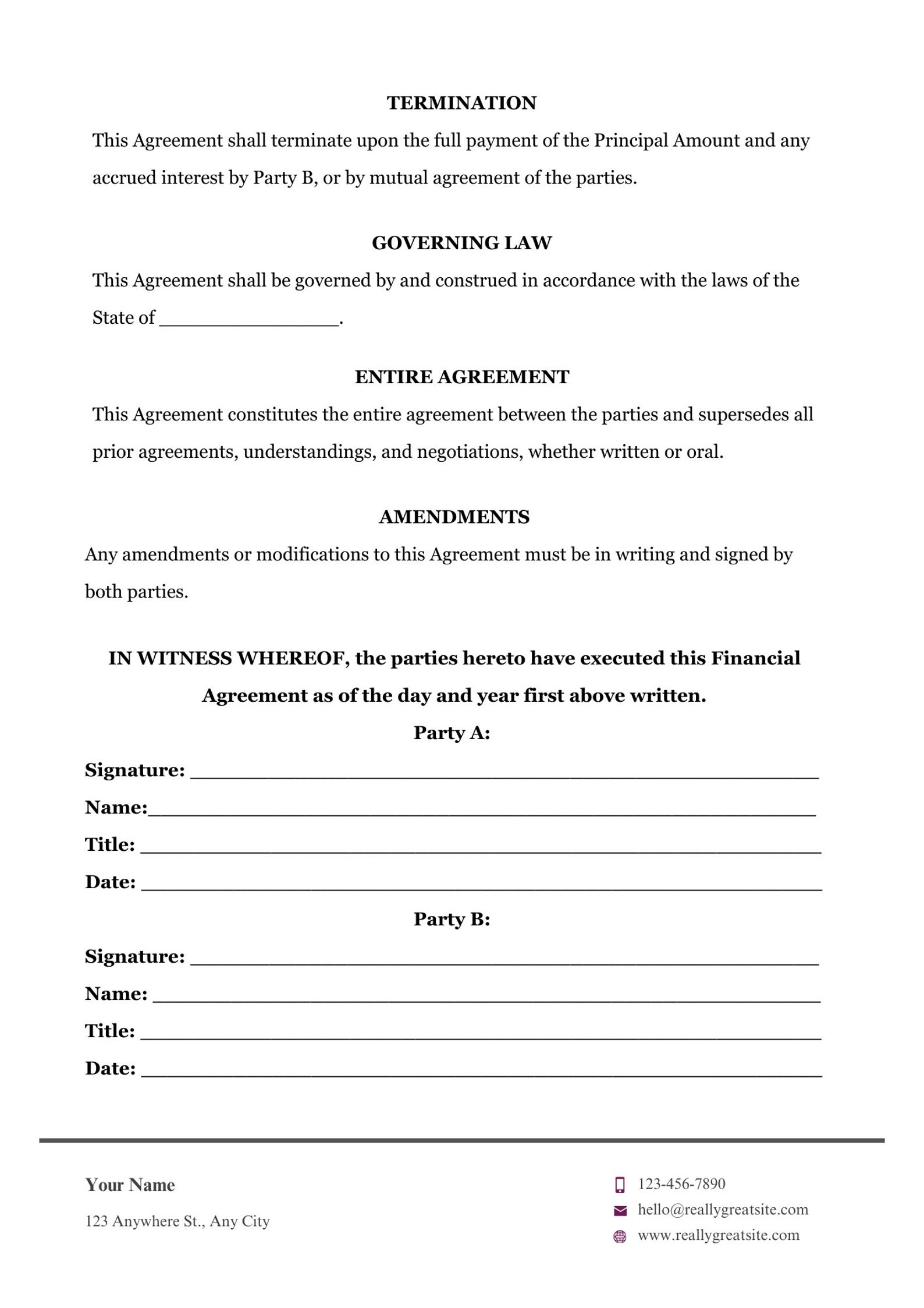 Financial Agreement Template Word / PDF - Customizable Loan ...