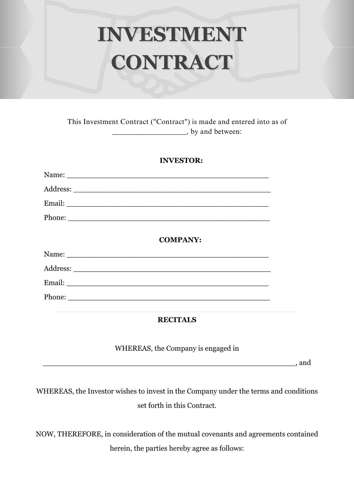 Investment Contract, Financial Investing Agreement Template, Investor ...