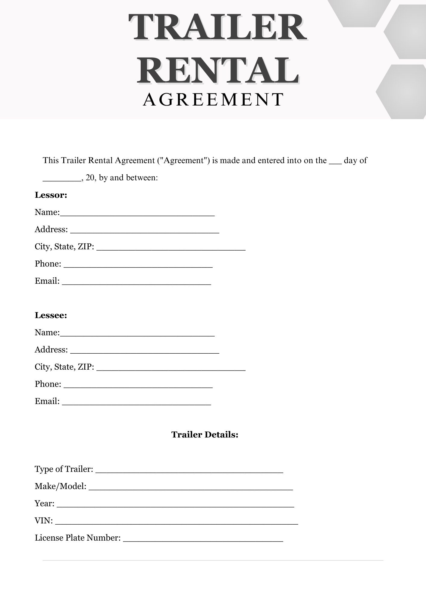 Editable Trailer Rental Agreement Template, Trailer Rental Contract ...