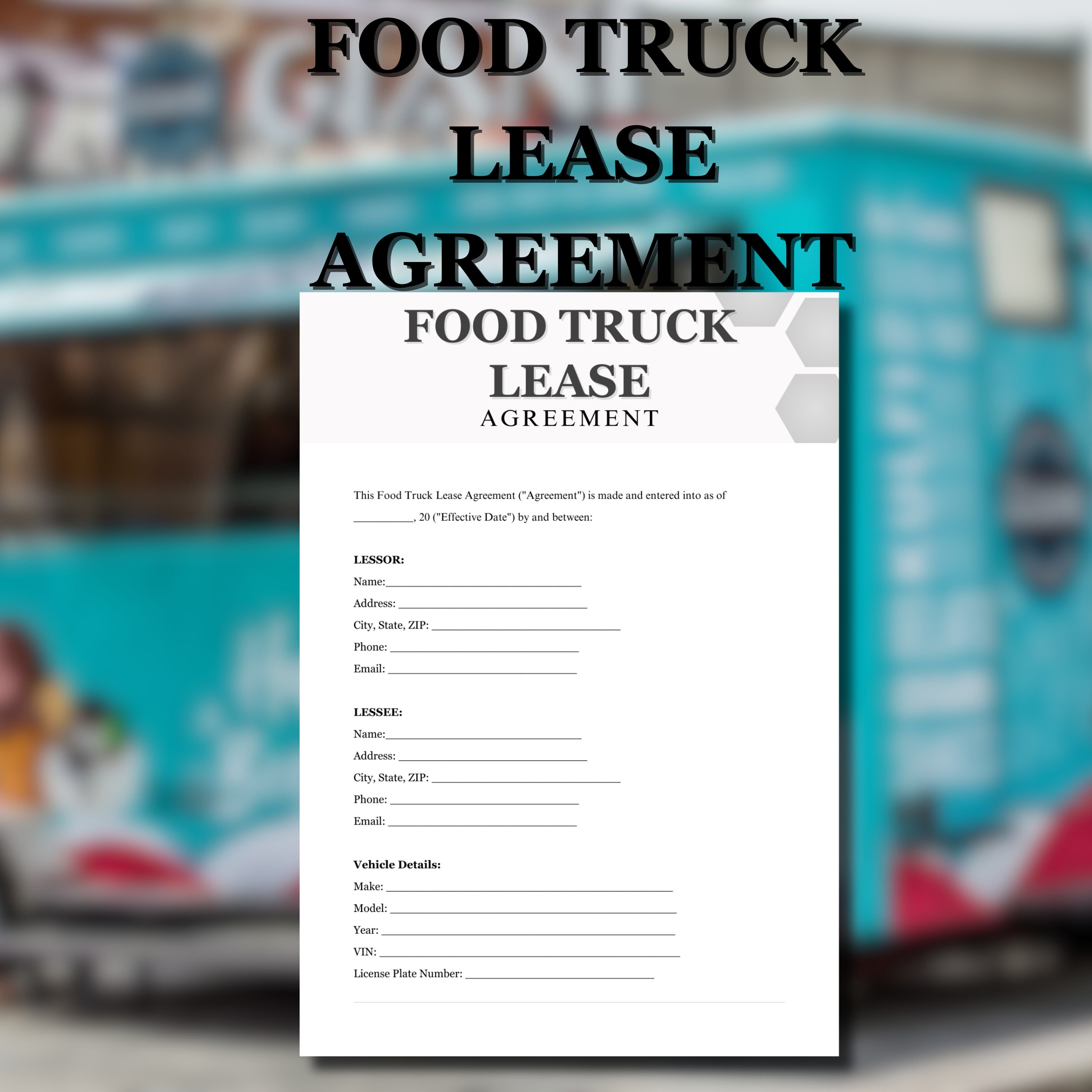 Food Truck Lease Agreement, Food Transport Lease, Truck Contract ...