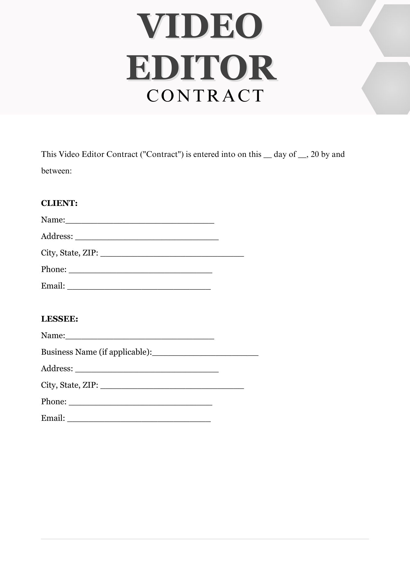 Editable Video Editor Contract Template, Video Editing Service ...