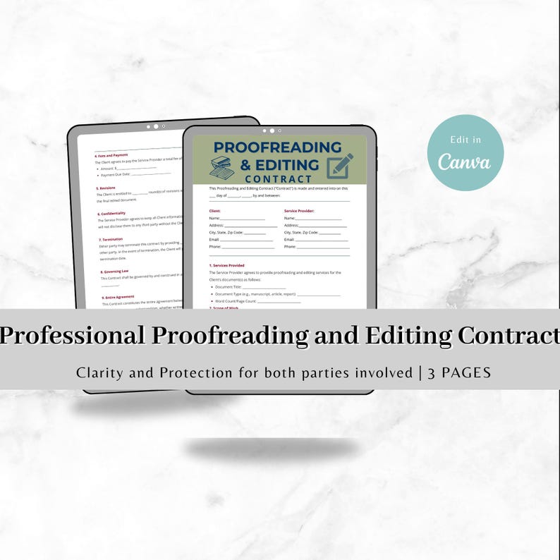 Professional Proofreading and Editing Contract Template Editable PDF ...