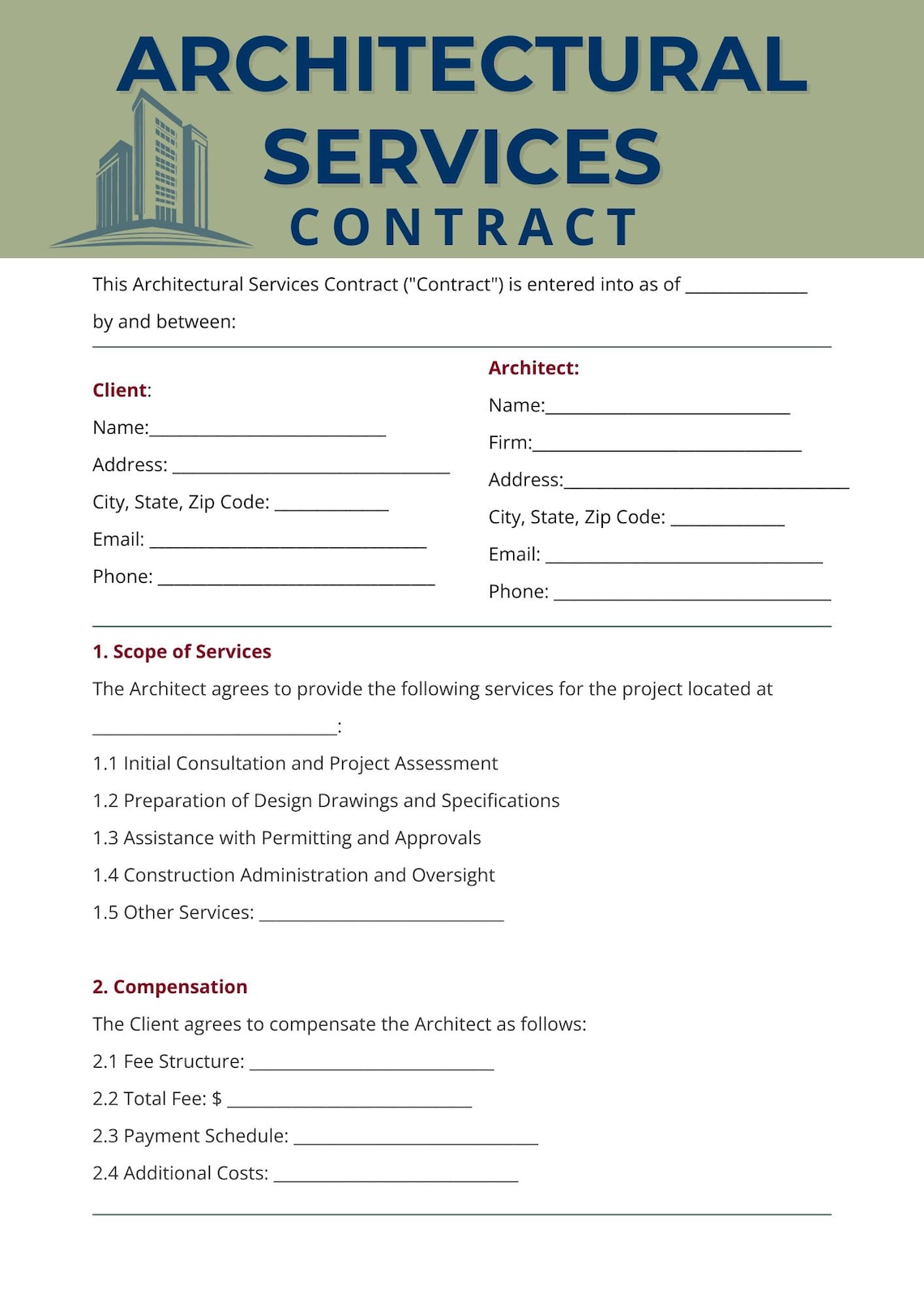 Architectural Services Contract Template | Professional Agreement for ...