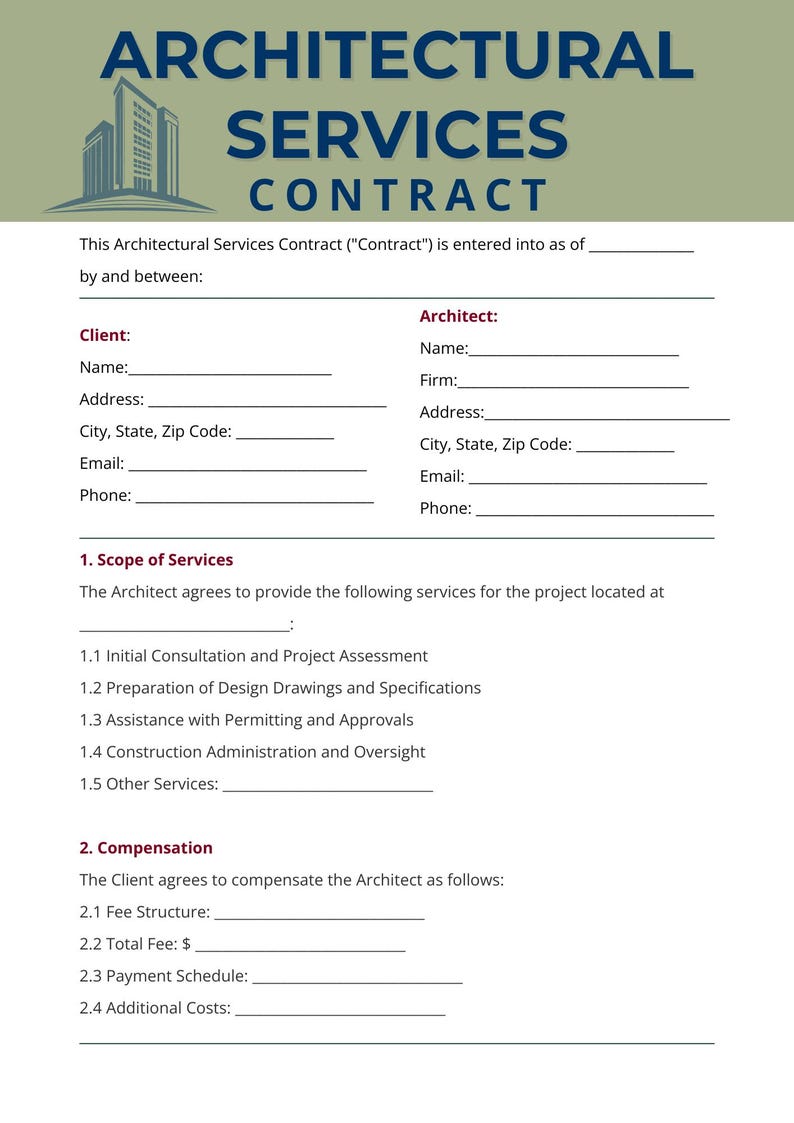 Architectural Services Contract Template | Professional Agreement for ...