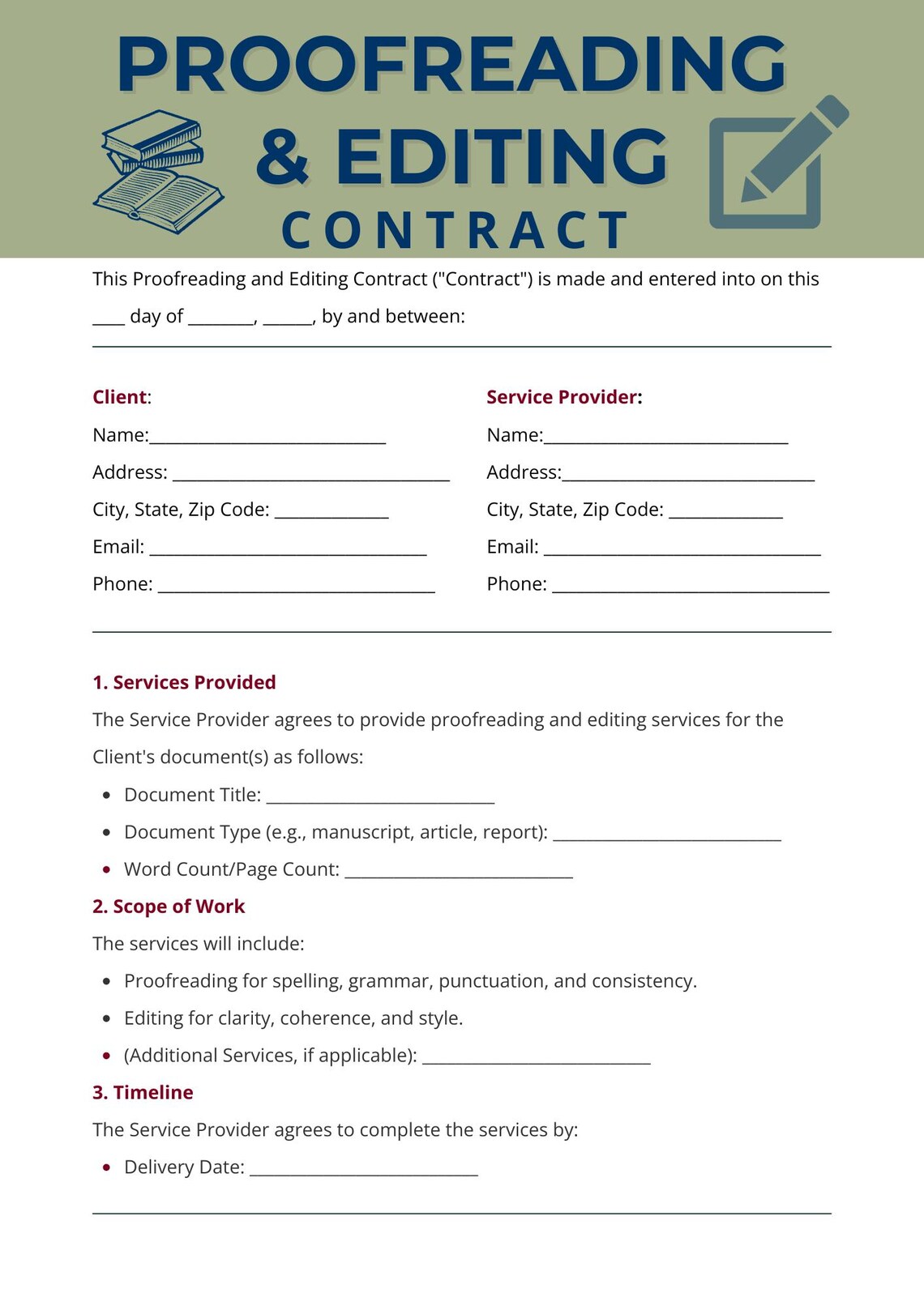 Professional Proofreading and Editing Contract Template Editable PDF for Freelancers Instant ...