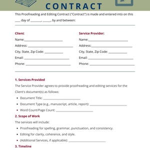 Professional Proofreading and Editing Contract Template Editable PDF ...