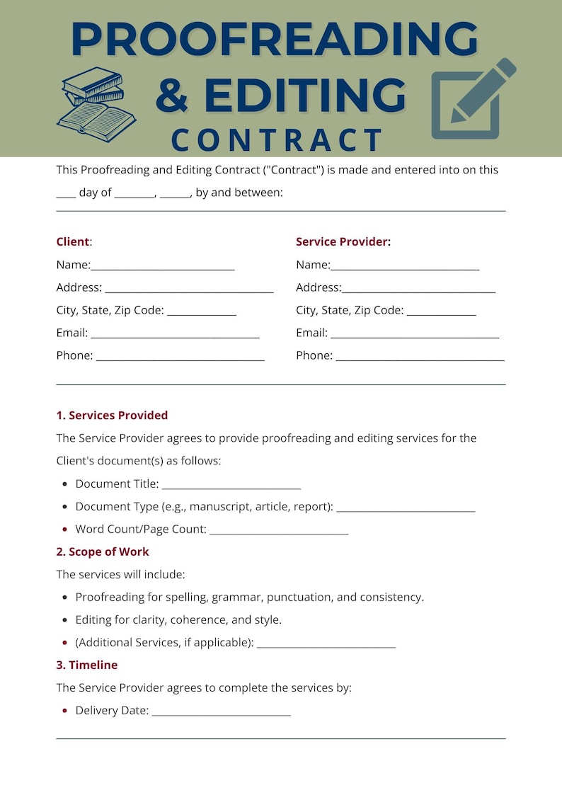 Professional Proofreading and Editing Contract Template Editable PDF for Freelancers Instant ...