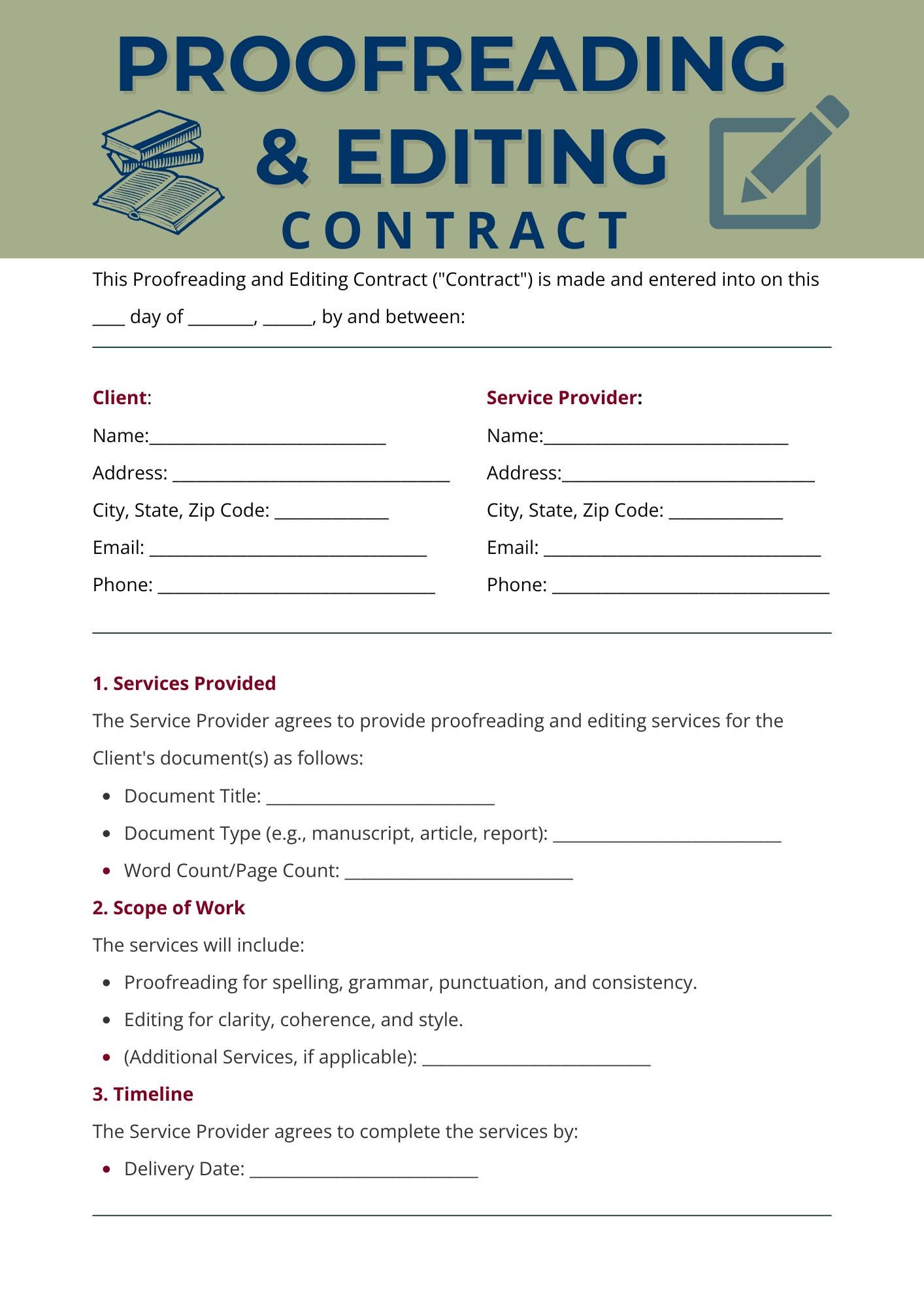 Professional Proofreading and Editing Contract Template Editable PDF for Freelancers Instant ...