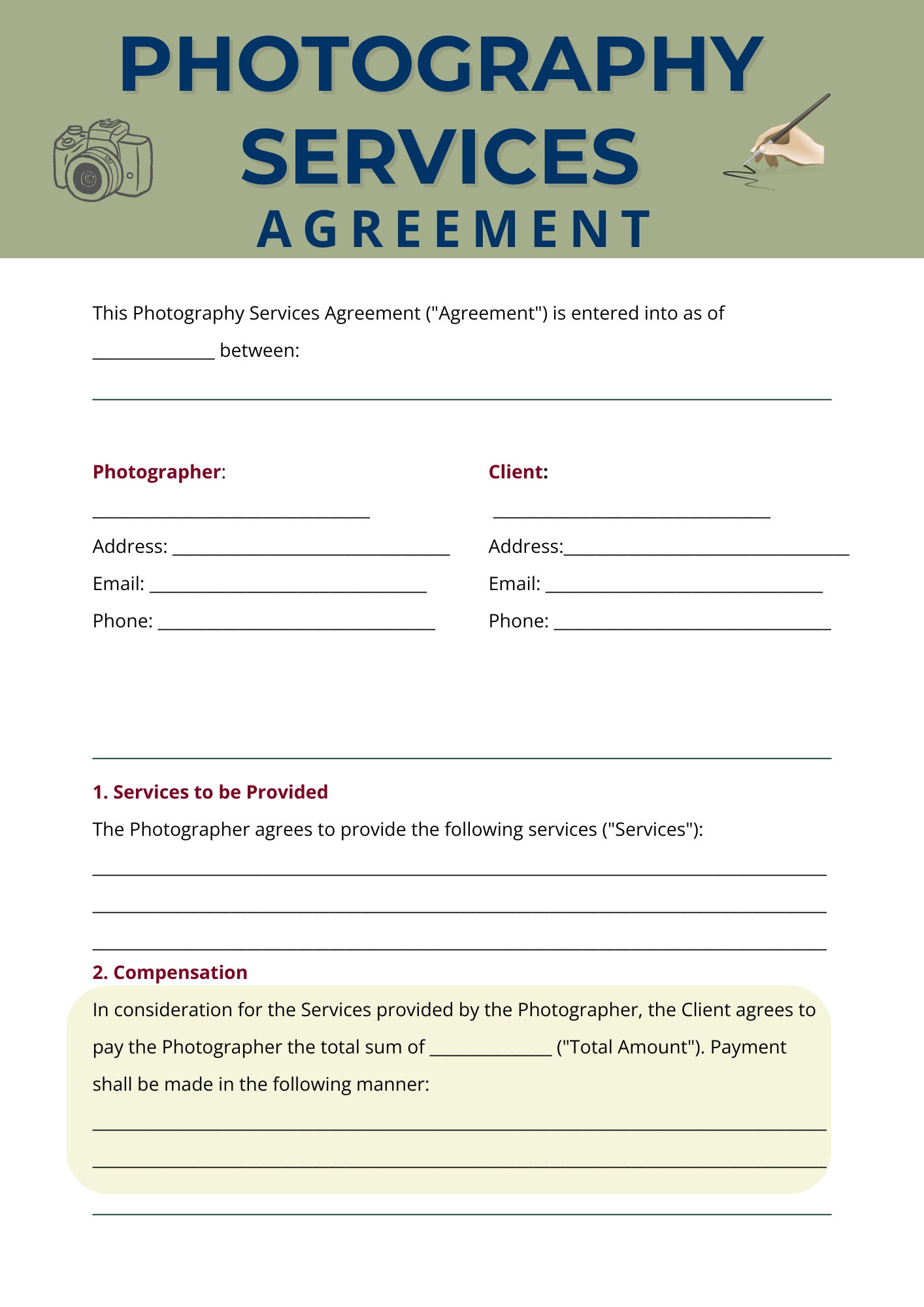 Photography Contract Template | Canva Contract Template| Photographer ...