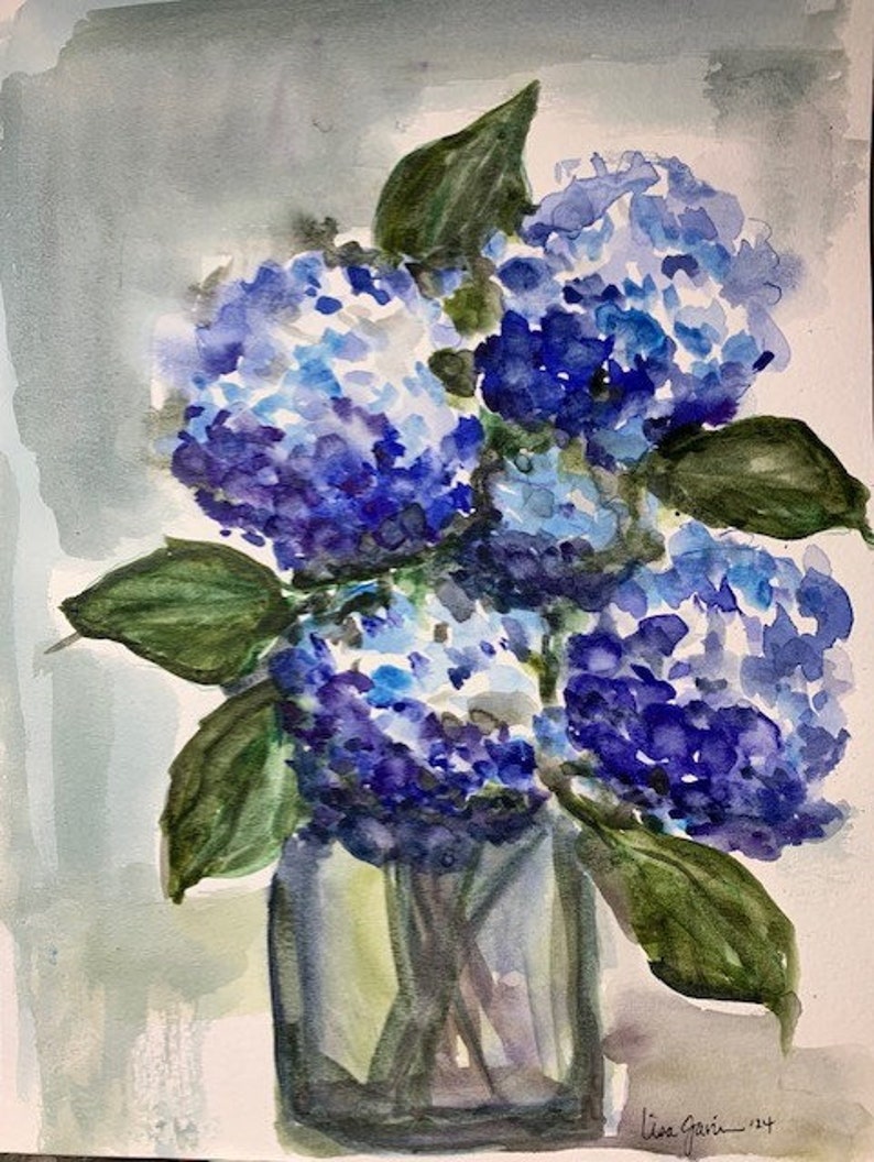 Blue Hydrangea in Vase Watercolor - Etsy
