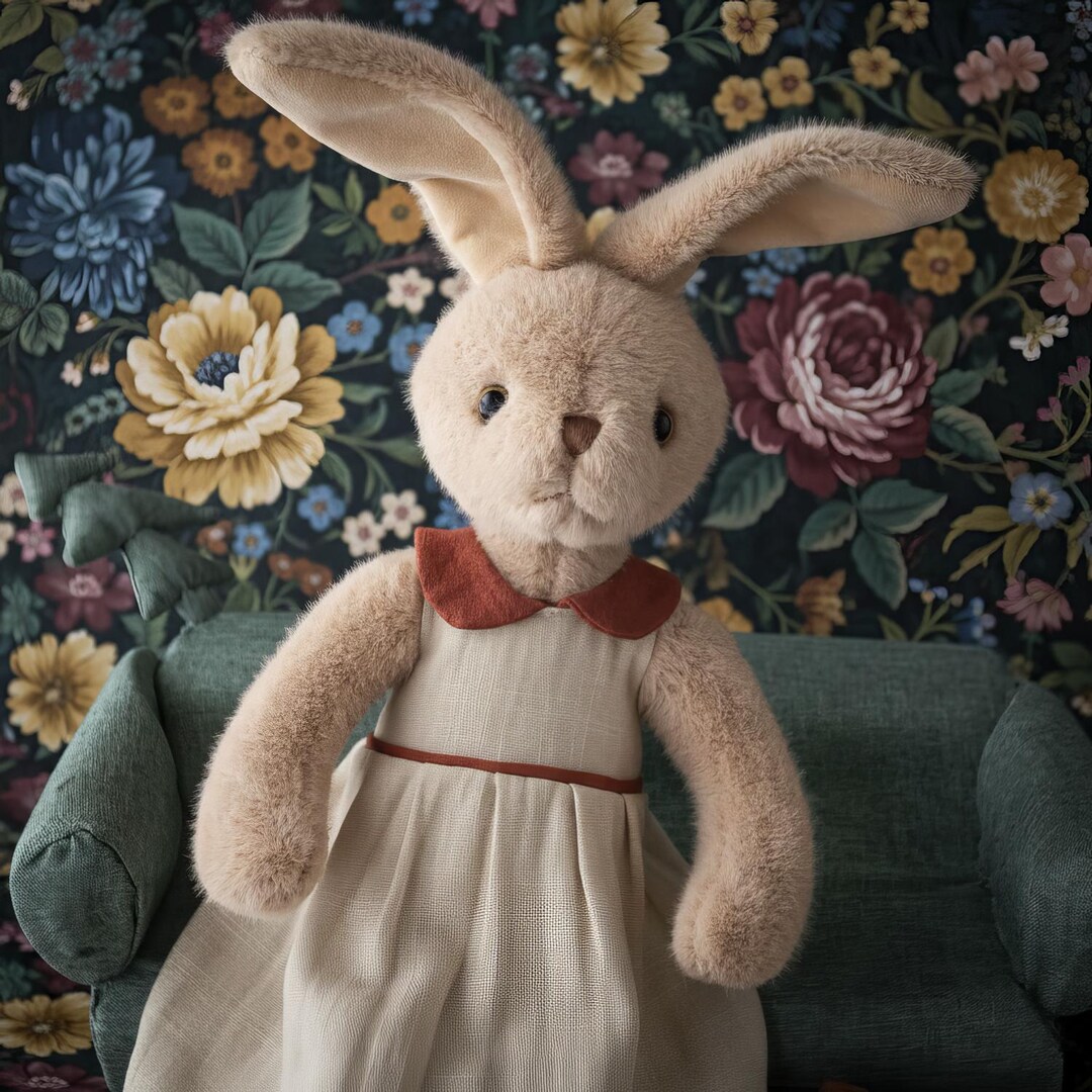Heirloom Bunny Plush, Realistic Rabbit Doll in Linen Dress, Woodland ...