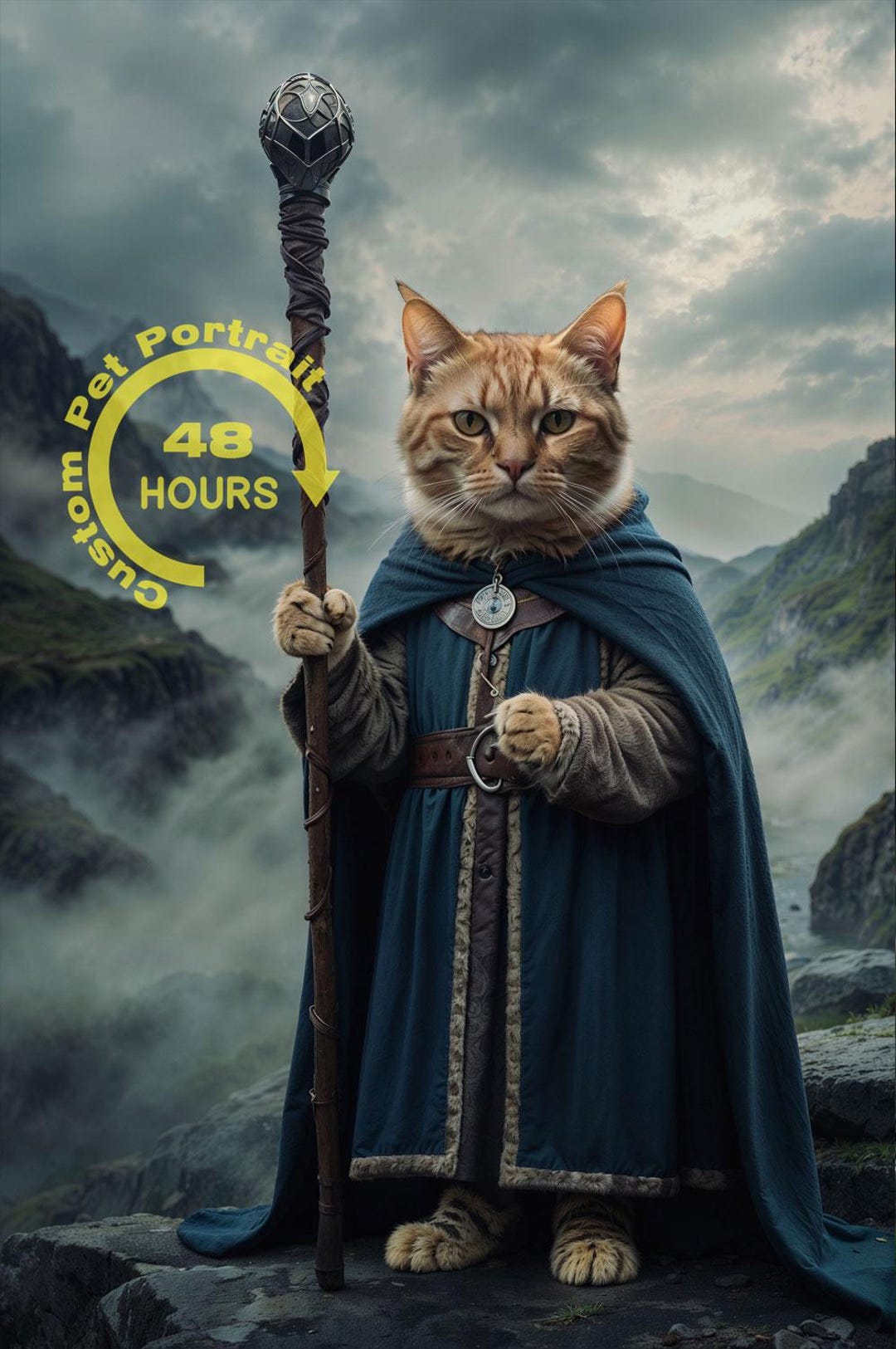 Personalized Digital Wizard Cat Portrait, Custom Fantastic Wizard Cat ...