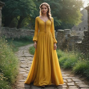 Elegant Golden Yellow Medieval Gown for Women | Long Sleeve Renaissance ...