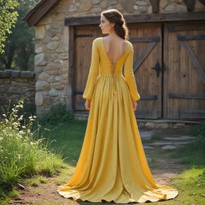 Elegant Golden Yellow Medieval Gown for Women | Long Sleeve Renaissance ...