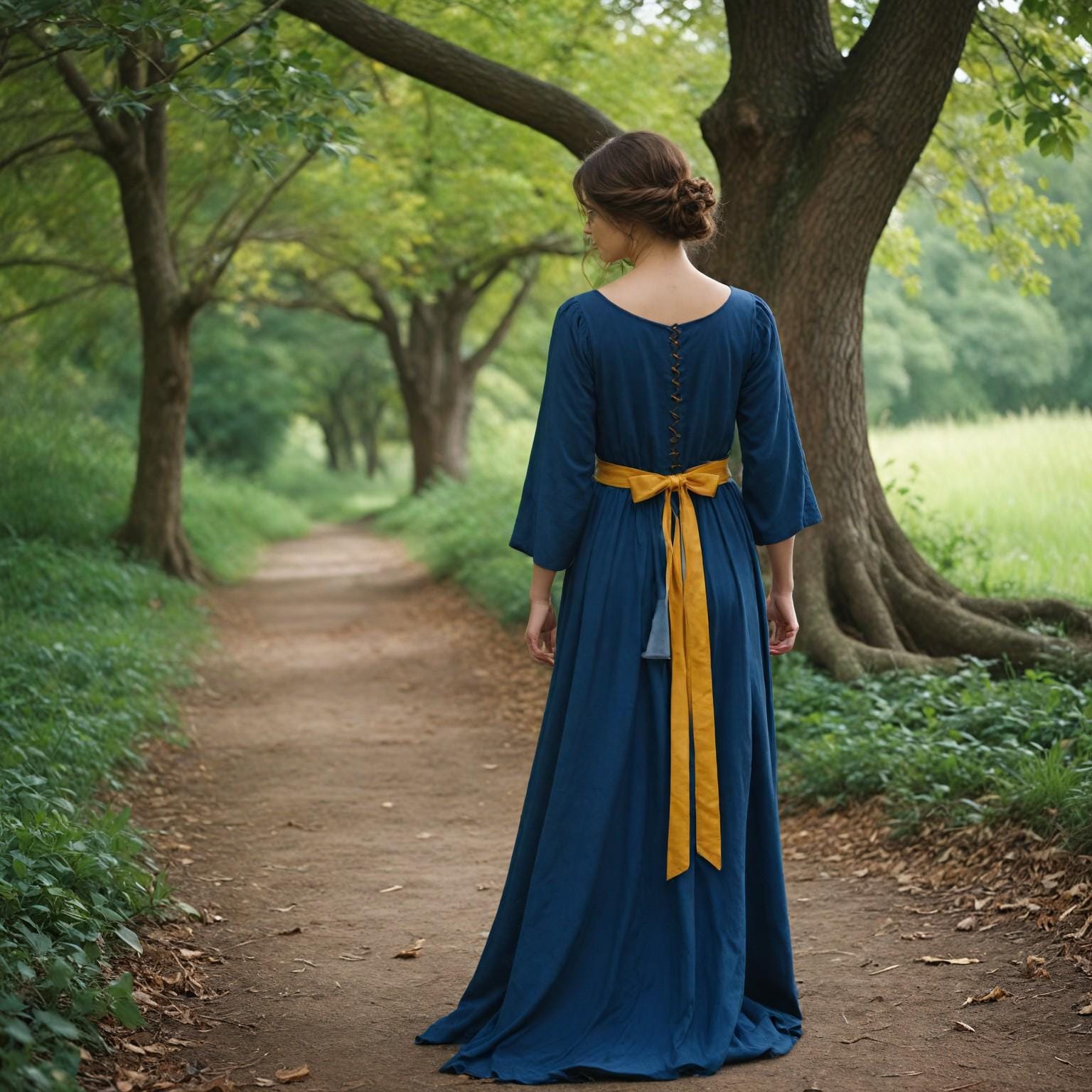 Elegant Blue Renaissance Gown With Yellow Sash | Vintage-inspired Long ...