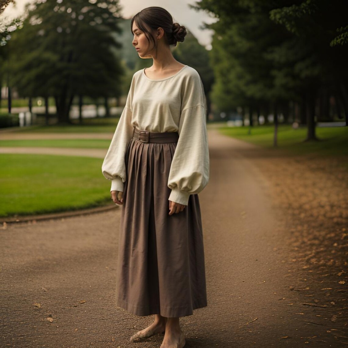 Medieval Cream Blouse Puff Sleeves Dress | Brown Belted Women's Skirt ...