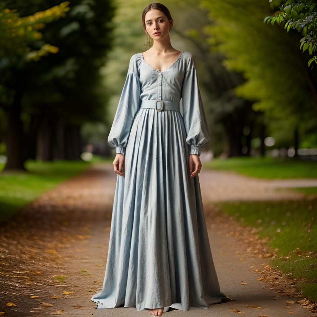 Elegant Light Blue Medieval-inspired Gown With Belt | Long Sleeve ...