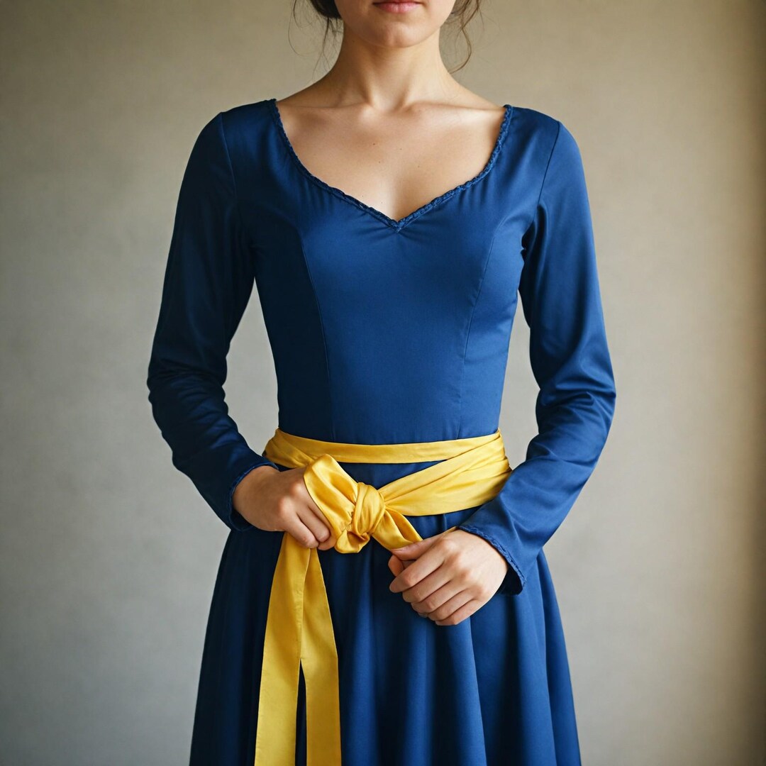 Elegant Blue Renaissance Gown With Yellow Sash | Vintage-inspired Long ...